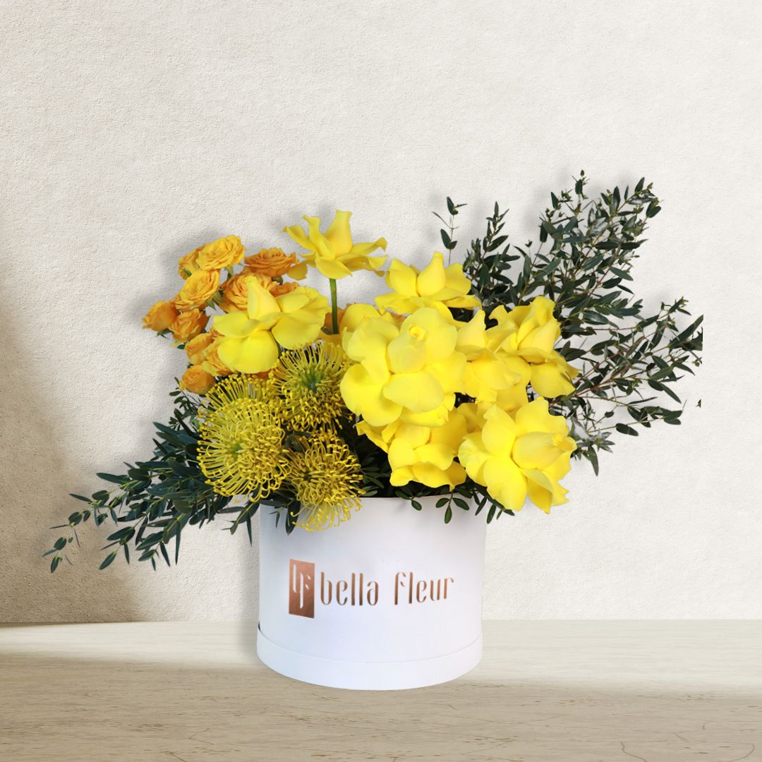 Colourful yellow roses and proteas Solana Bella Box buy at Bella Fleur ...